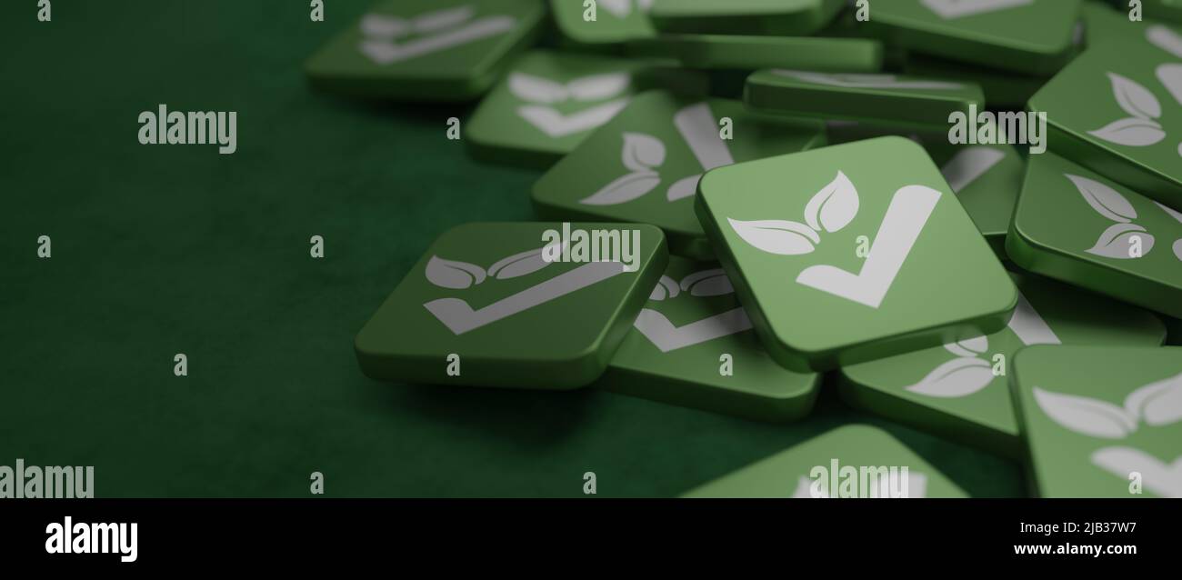 Eco friendly concept green tiles layed table banner background 3D ...