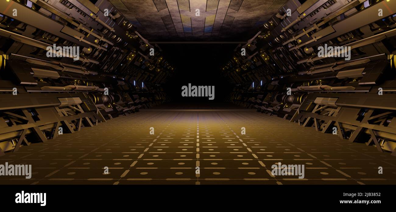 Futuristic corridor in a sci-fi fantasy space ship station. 3D ...