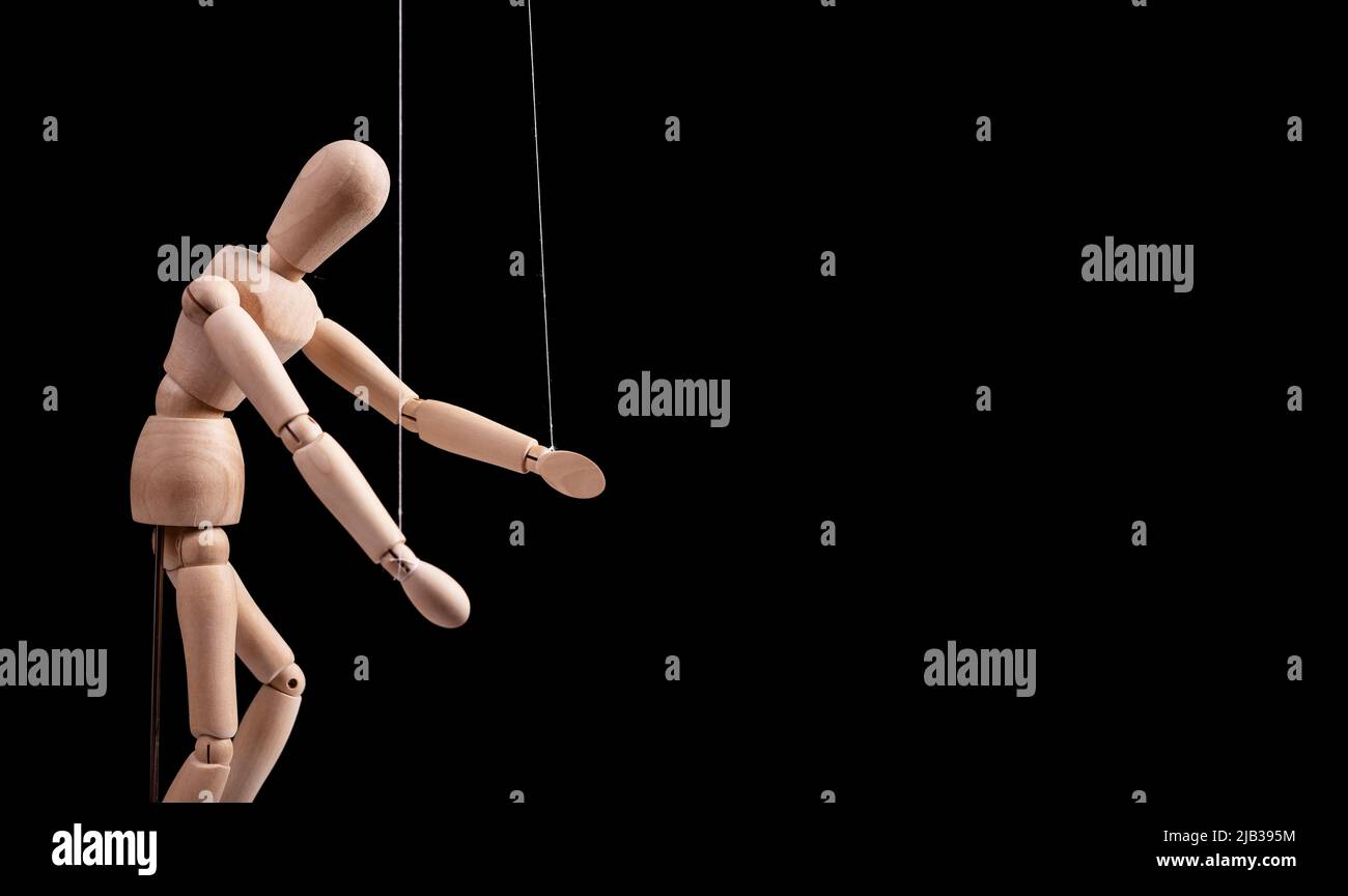 Banner with puppet on strings. Authority, domination, influence or ...