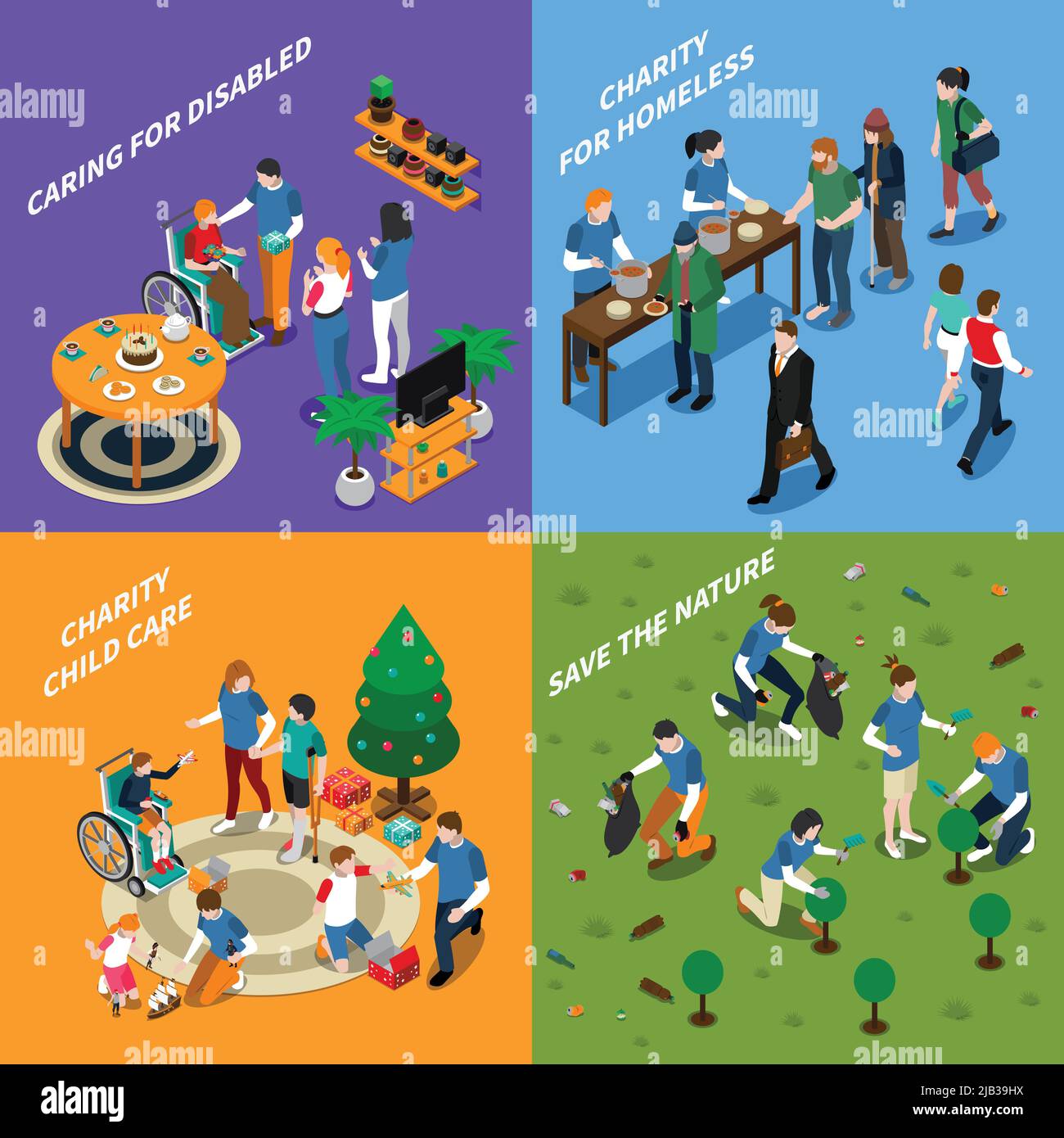 Colored and isometric volunteer charity people icon set with caring for ...