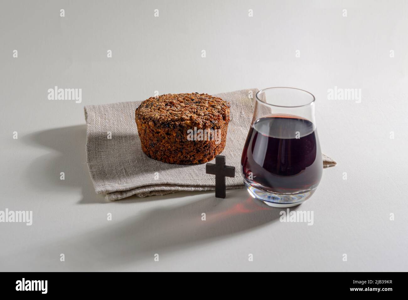 The Feast of Corpus Christi Concept. Bread and red wine symbols of ...