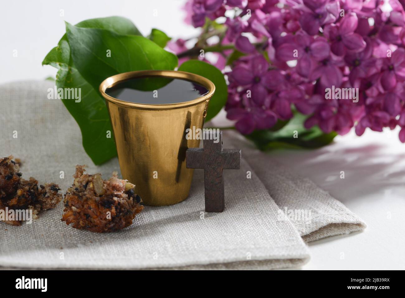 The Feast of Corpus Christi Concept. Bread and red wine symbols of ...