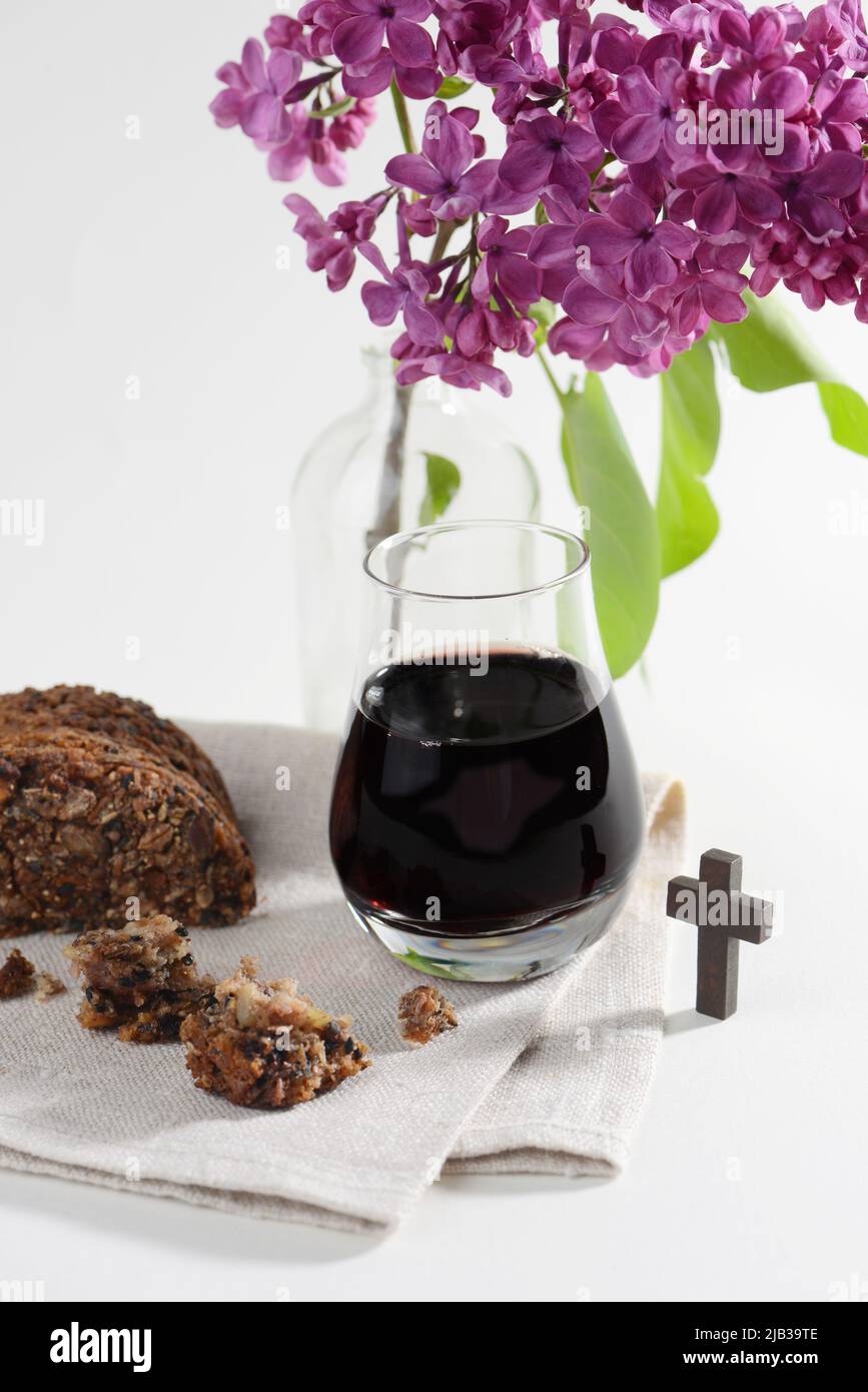 The Feast of Corpus Christi Concept. Bread and red wine symbols of ...