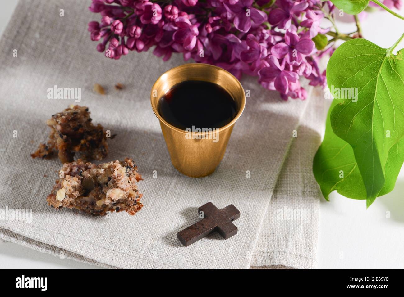 The Feast of Corpus Christi Concept. Bread and red wine symbols of ...