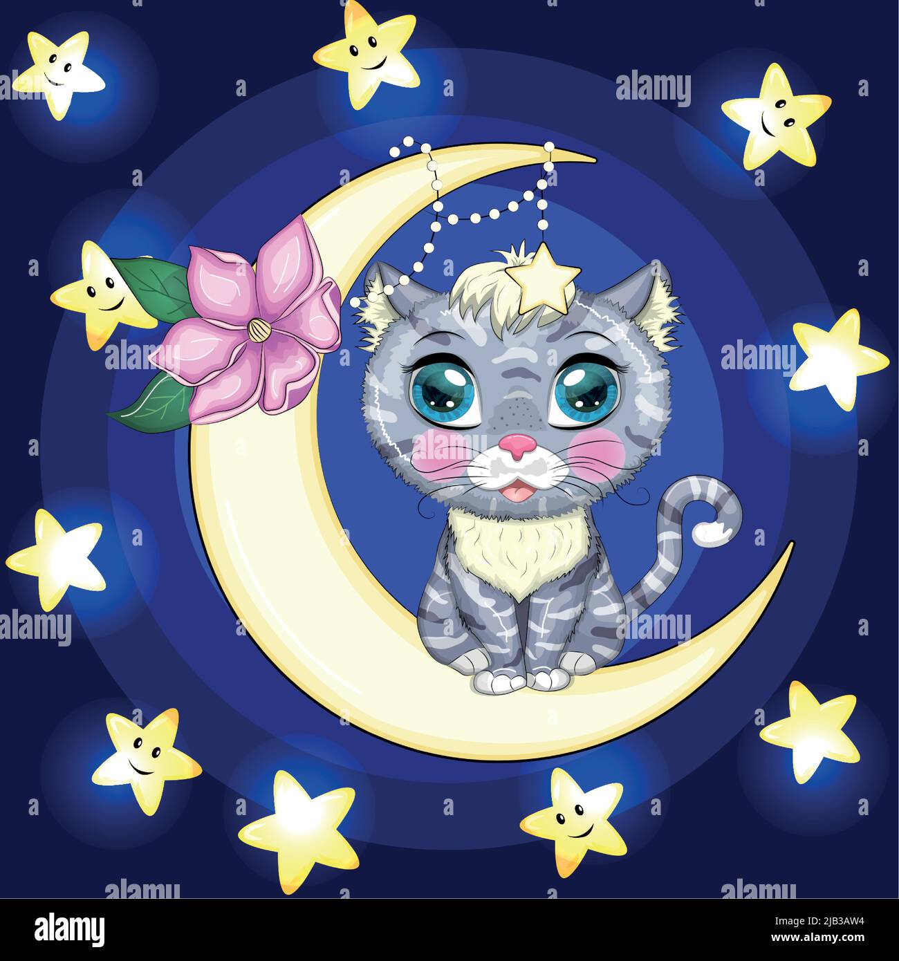Cartoon cat on the moon with flowers. Cute child character, symbol of ...