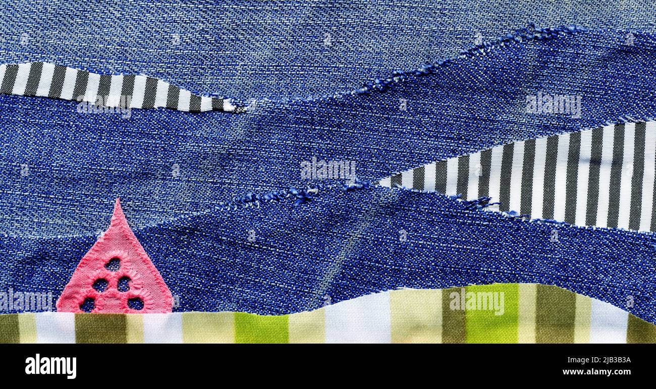 Fabric art applique Illustration. Patchwork forest landscape with trees ...
