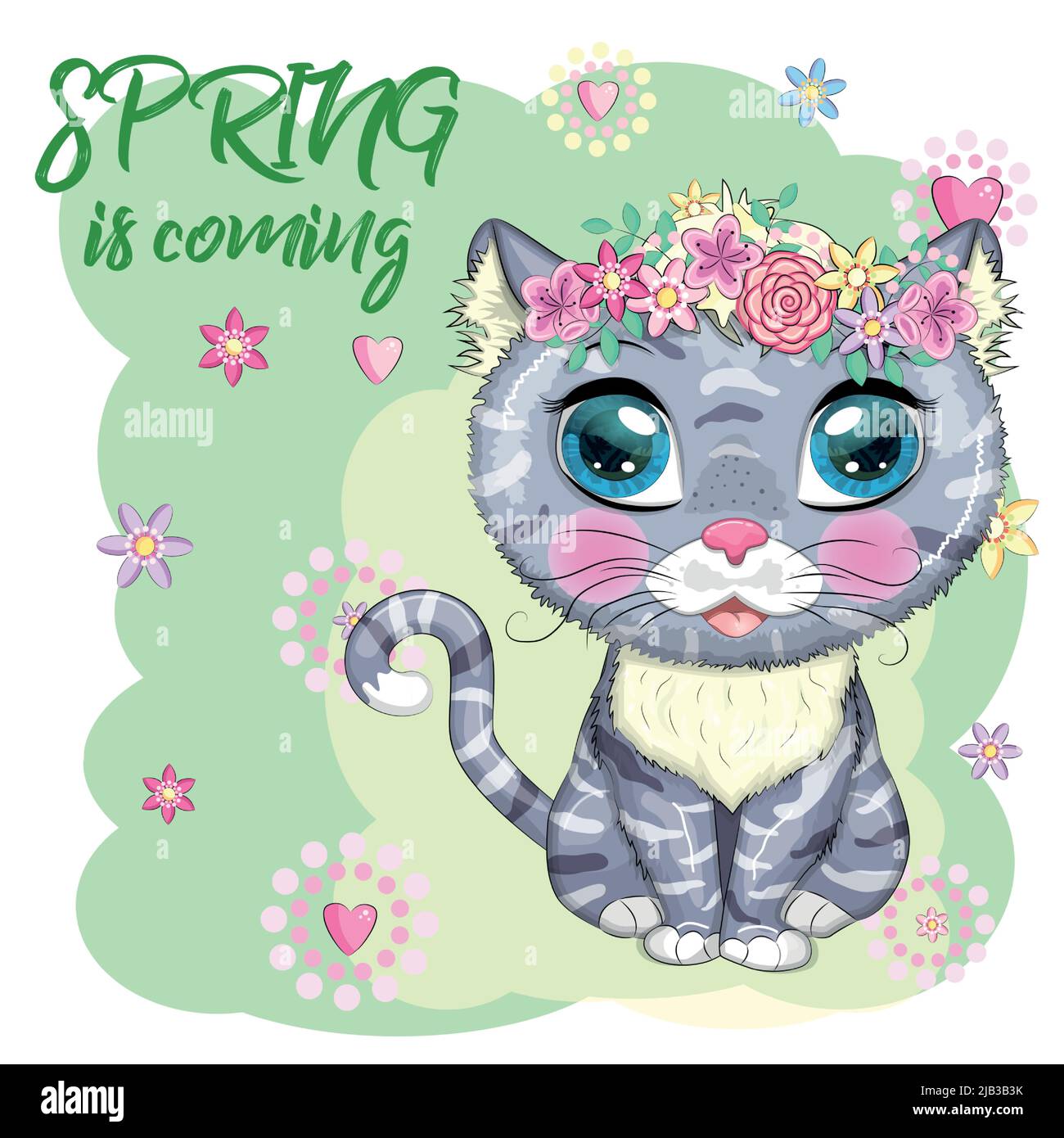 Cartoon cat with a wreath. Spring is coming. Cute child character ...