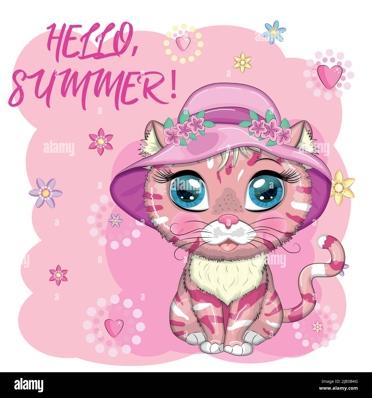 Cartoon cat in a hat with flowers. Summer, vacation. Cute child ...