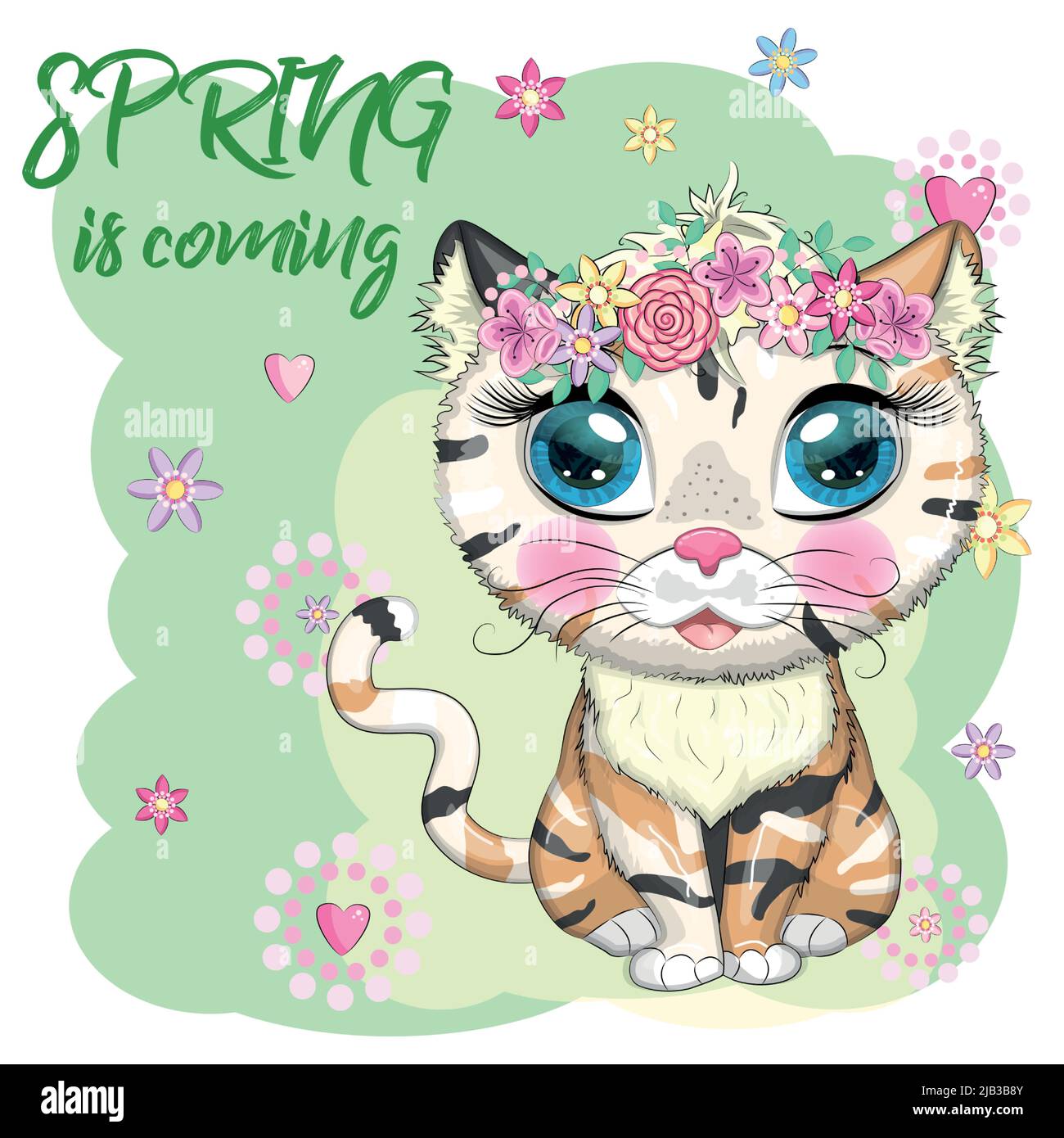 Cartoon cat with a wreath. Spring is coming. Cute child character ...