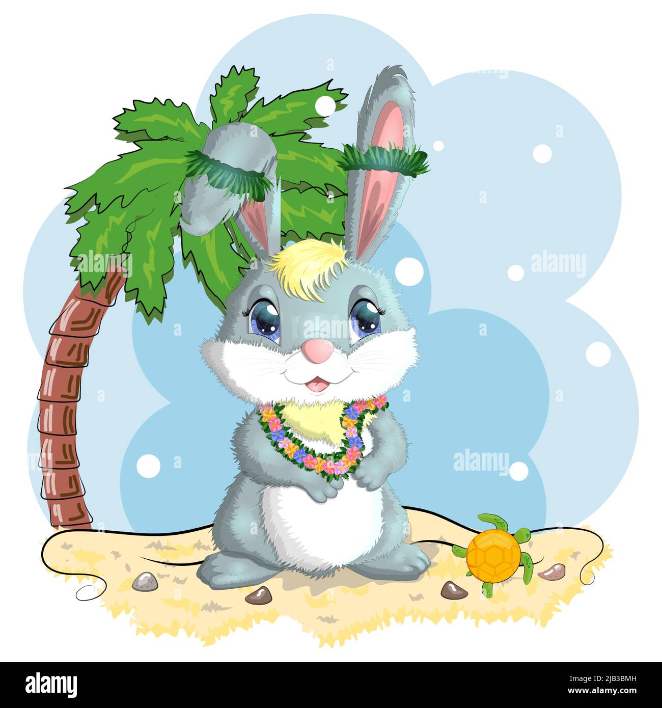 Cute rabbit, hare in Hawaiian clothes dancing hula. Wreath and garland ...