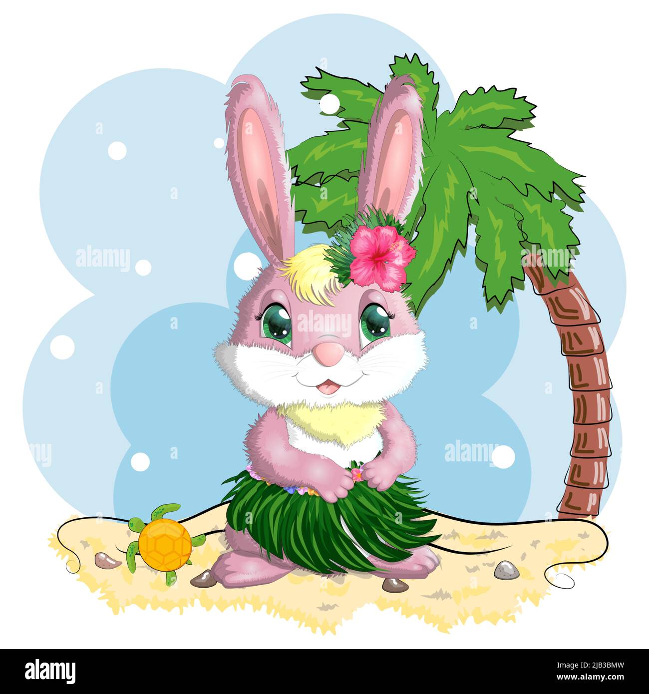 Cute rabbit, hare in Hawaiian clothes dancing hula. Wreath and garland ...