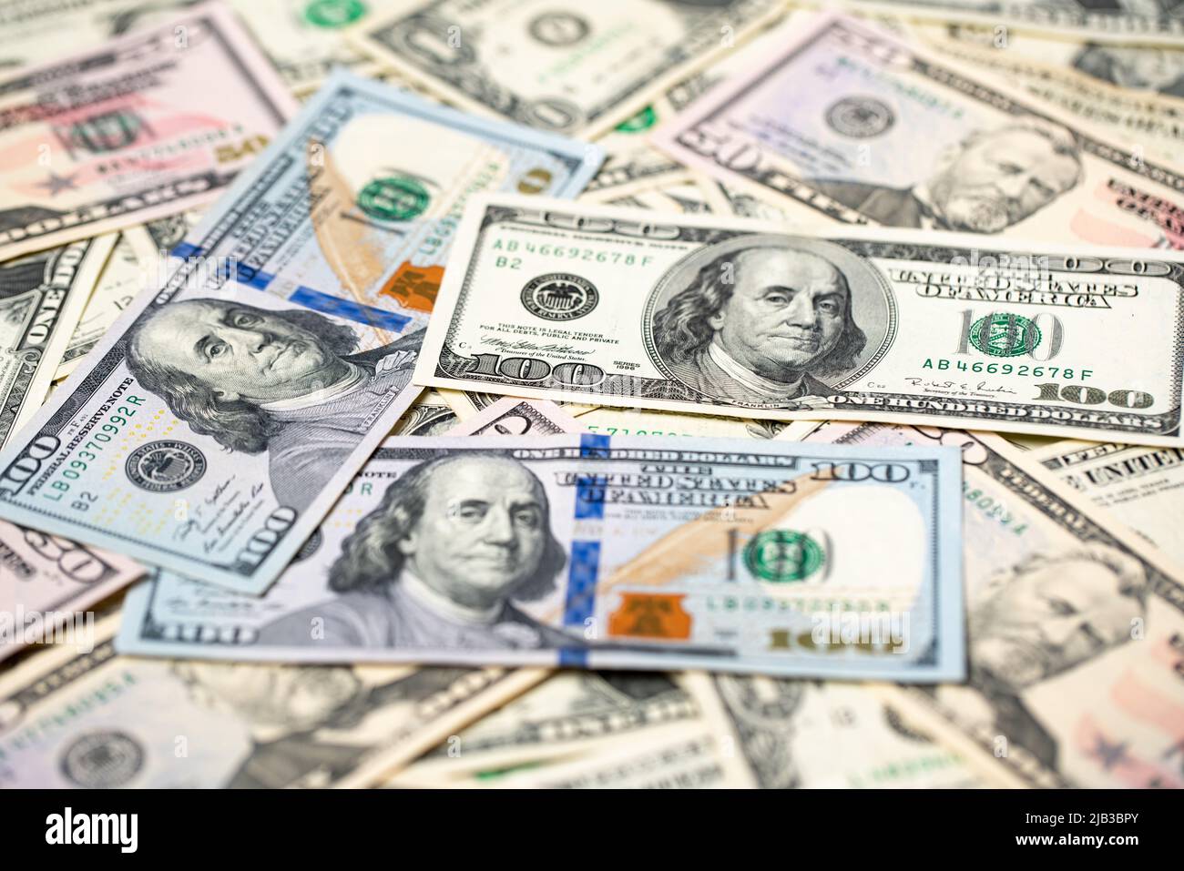 One hundred dollar banknotes as background. Spread out dollar bills ...