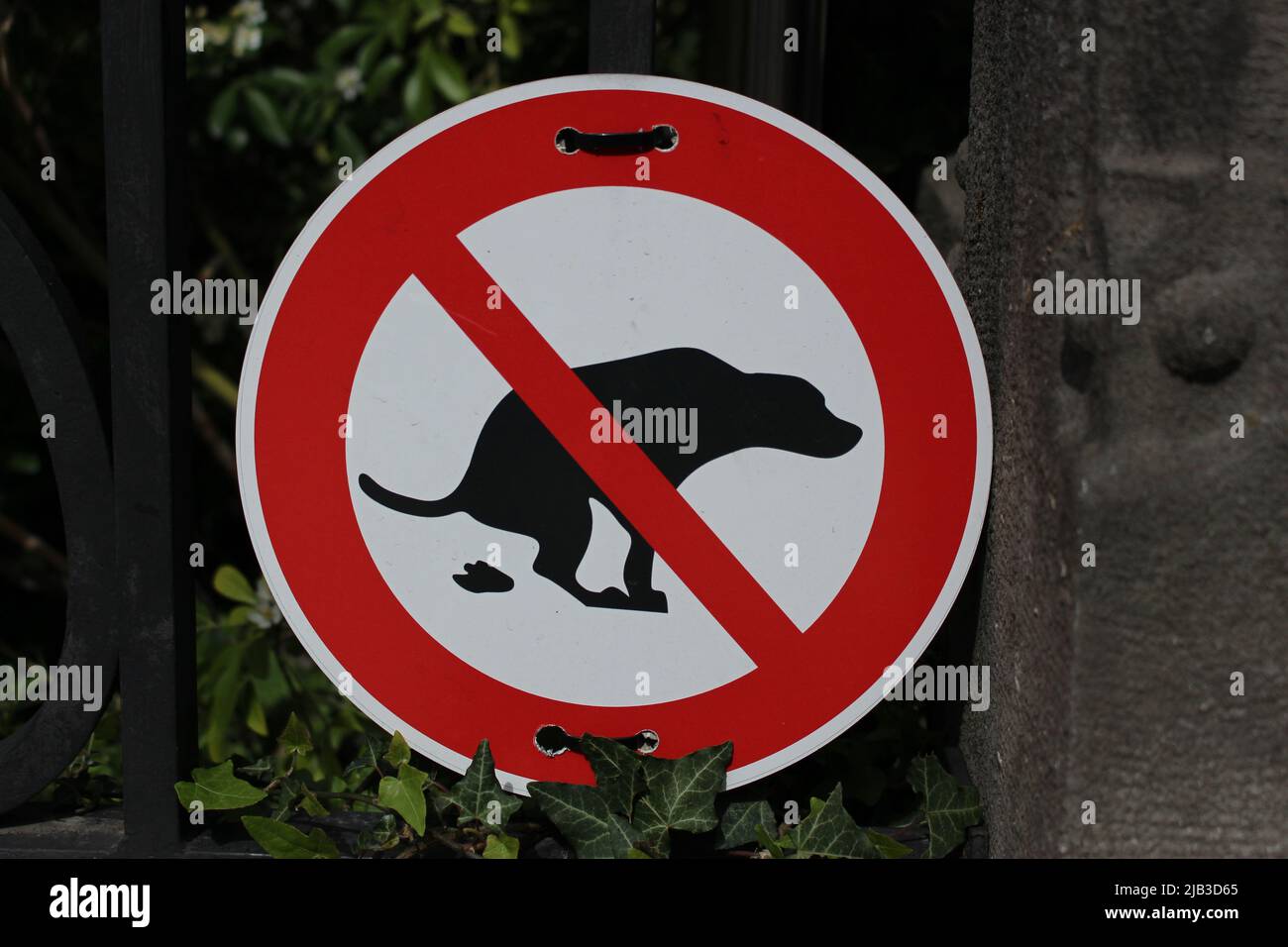 No dog fouling sign with the silhouette of a dog against black crossed ...