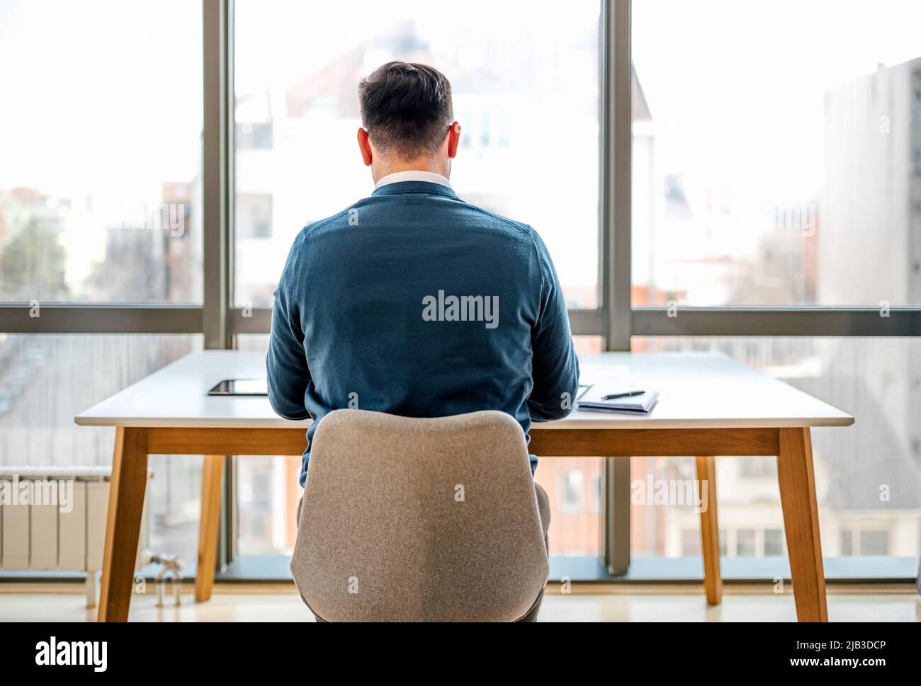 Rear view of businessman working at desk. Male professional is sitting ...
