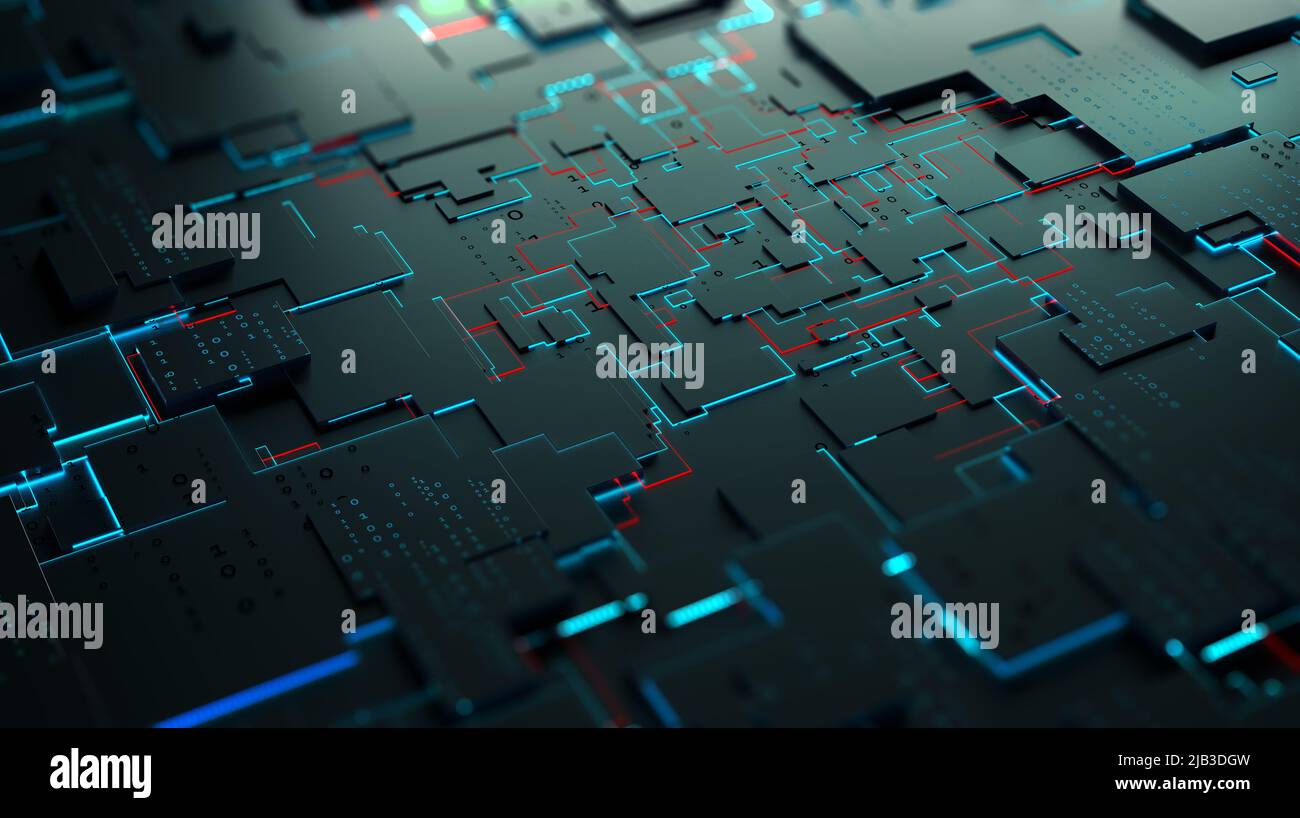 Digital technology innovation. Cyber impulse 3D illustration. Electron ...