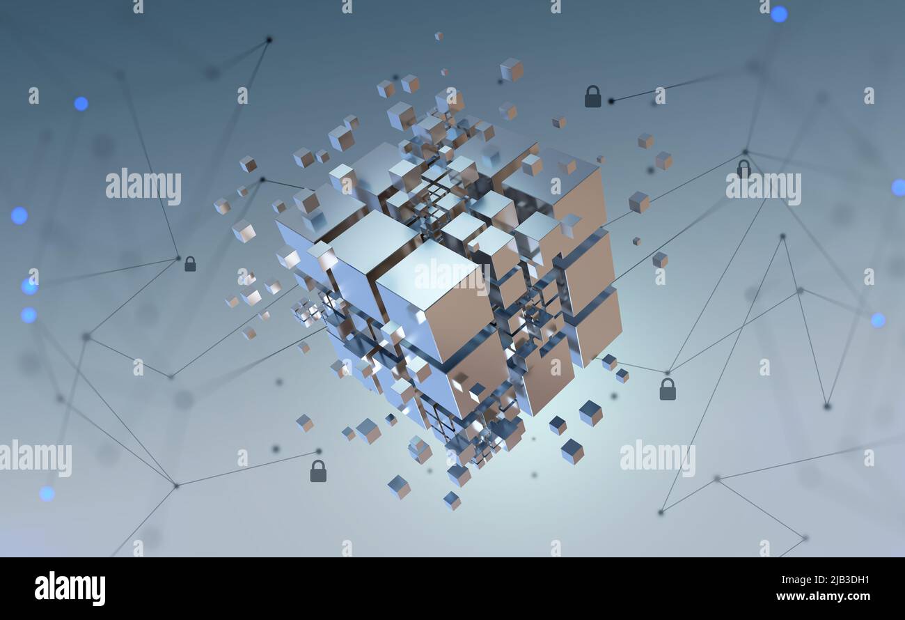 Hi-tech Square blocks are collected in a cubic array against the background of information ...