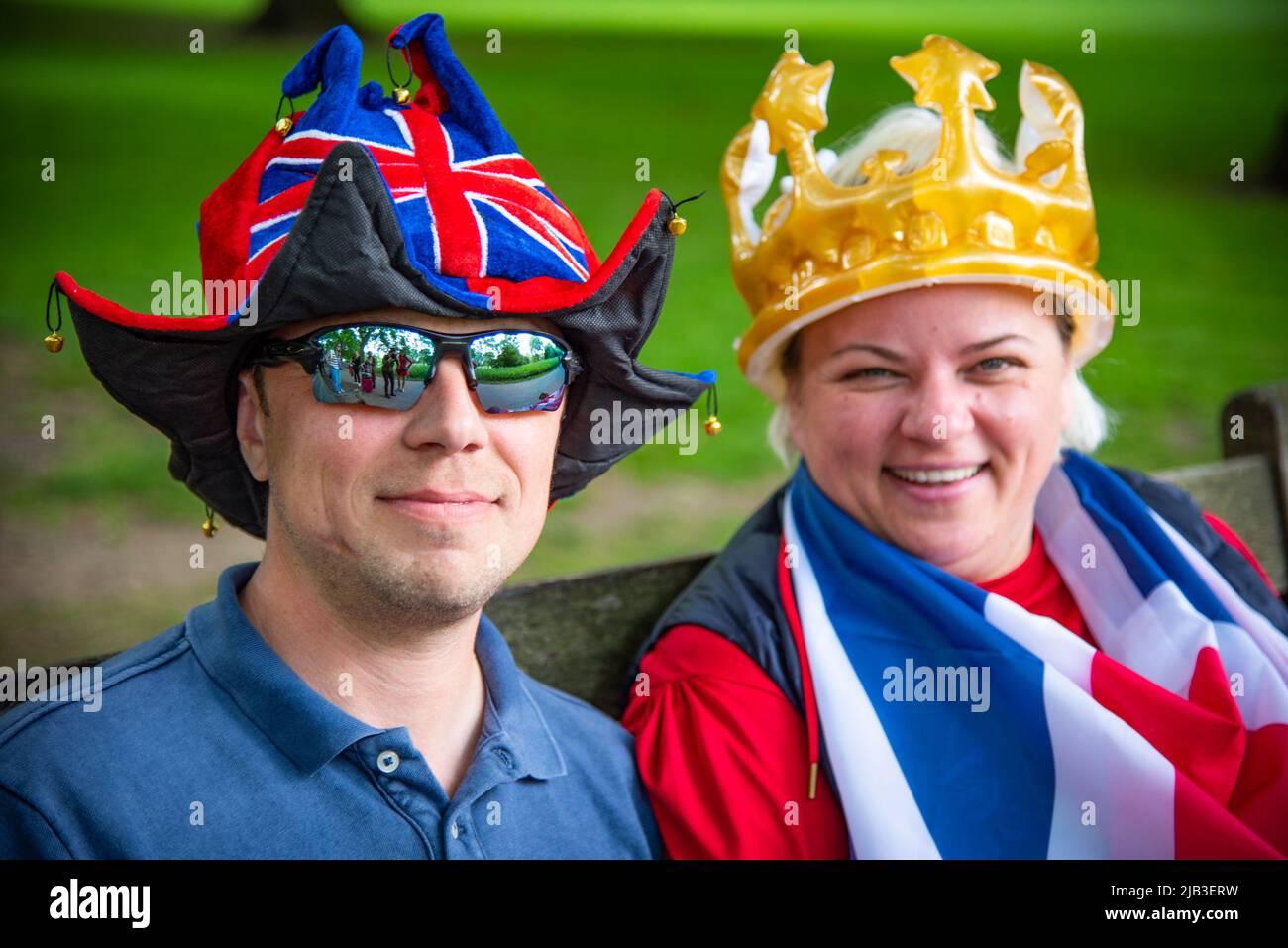London, UK. 02nd June, 2022. Fans are adorned in a hat and crown during ...