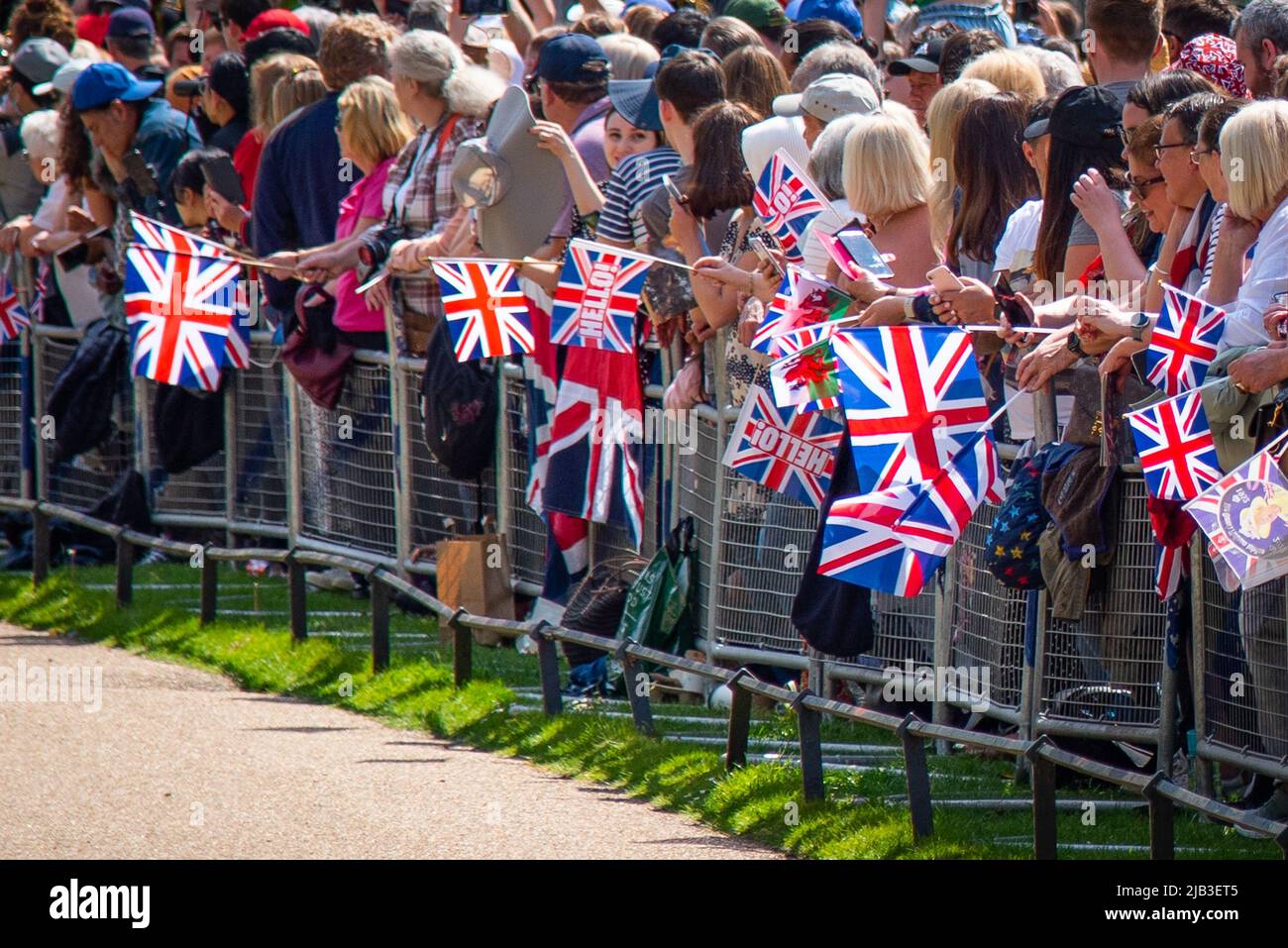 London, UK. 02nd June, 2022. Fans patiently await to view the parade ...