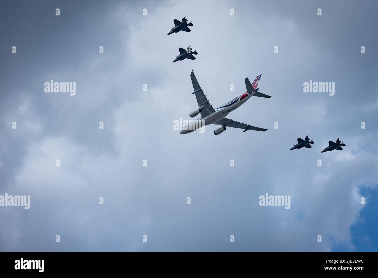 London, UK. 02nd June, 2022. Royal Air Force aircraft perform a flypast ...
