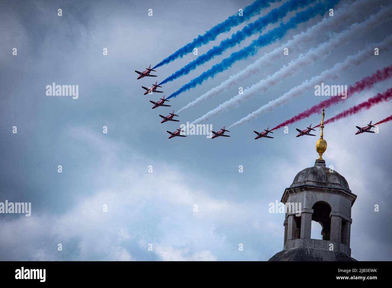 London, UK. 02nd June, 2022. Red Arrows perform a flypast during the ...