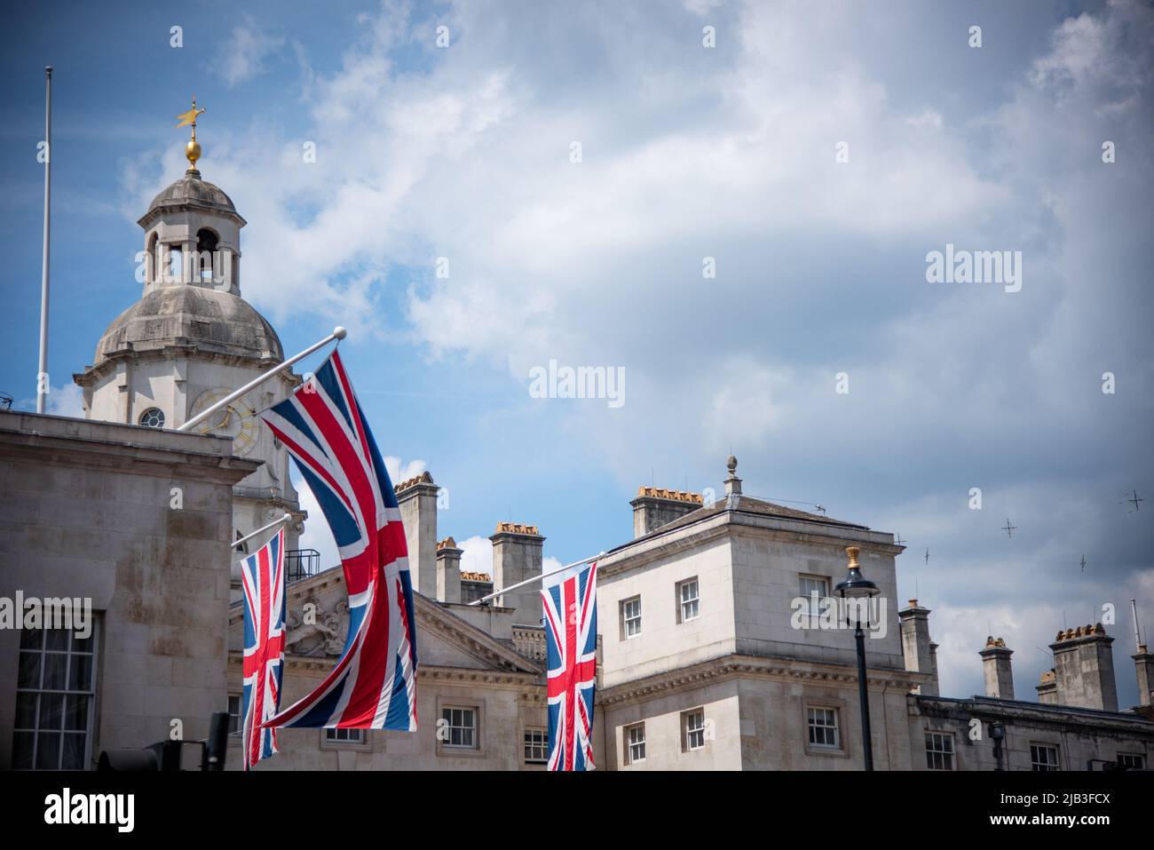 Large British flags are displayed at Whitehall during the Queen ...