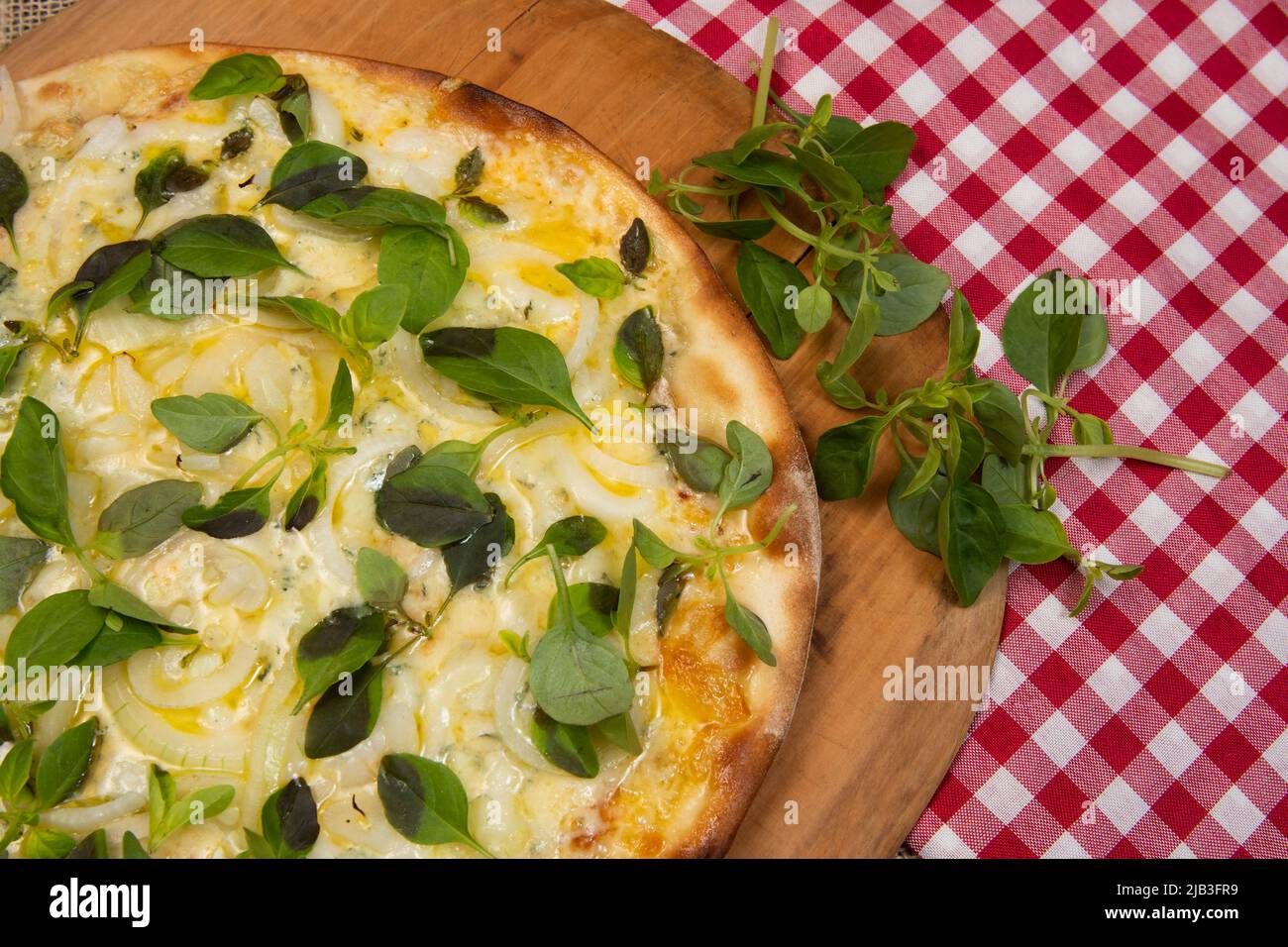 Brazilian pizza with cheese, mozzarella and basil, top view Stock Photo ...