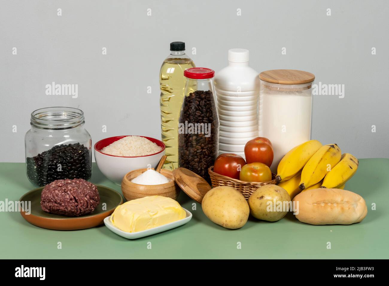 Brazilian basic food basket completed composed of 13 products: meat ...