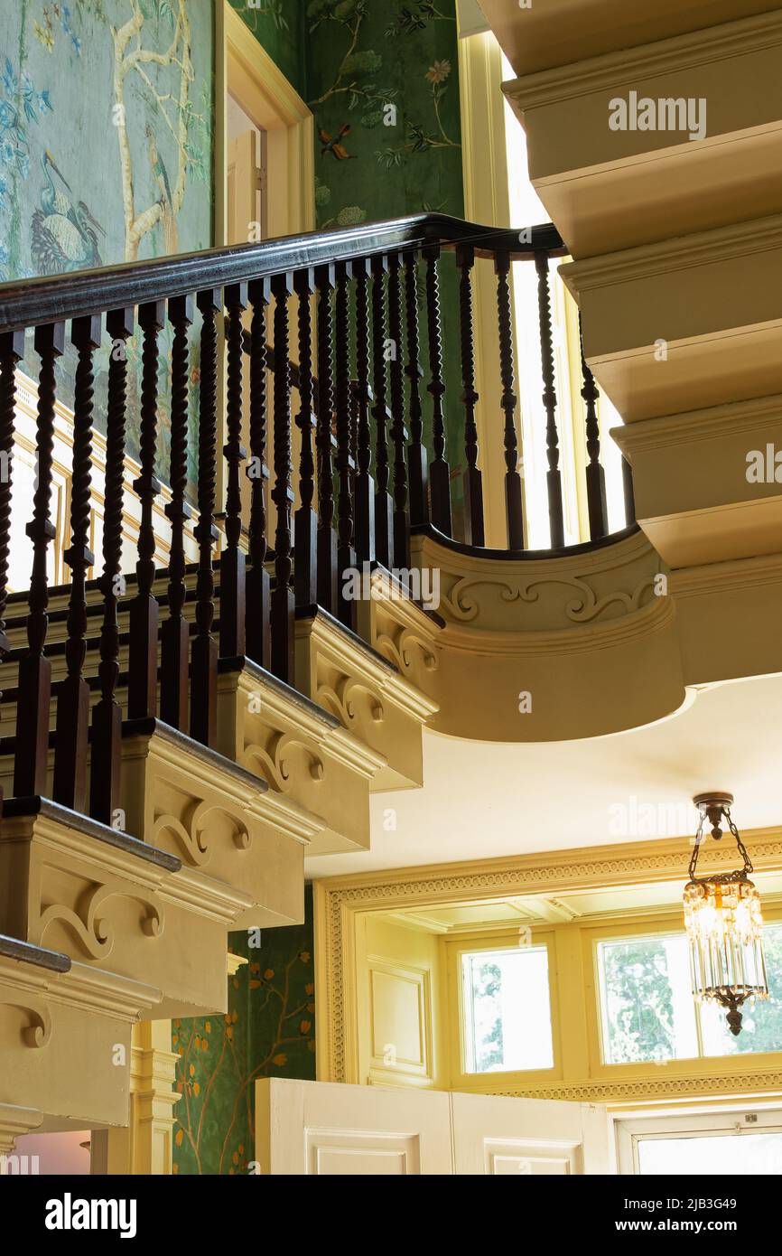 The beautiful and brightly light staircase and hand painted wallpaper ...