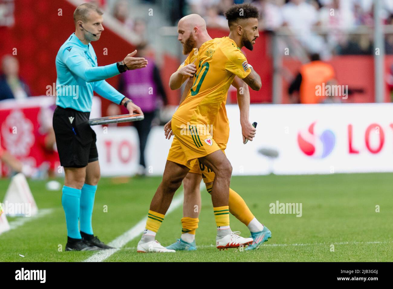 WROCŁAW, POLAND - 01 JUNE 2022: Wales' Jonny Williams and Wales' Sorba ...