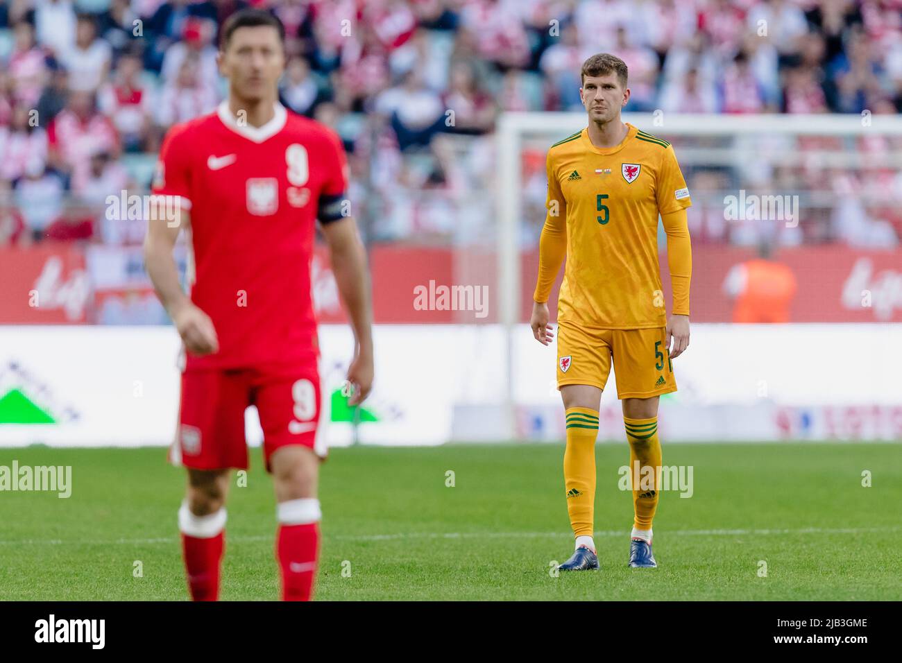 WROCŁAW, POLAND - 01 JUNE 2022: Wales' Chris Mepham during the League A ...