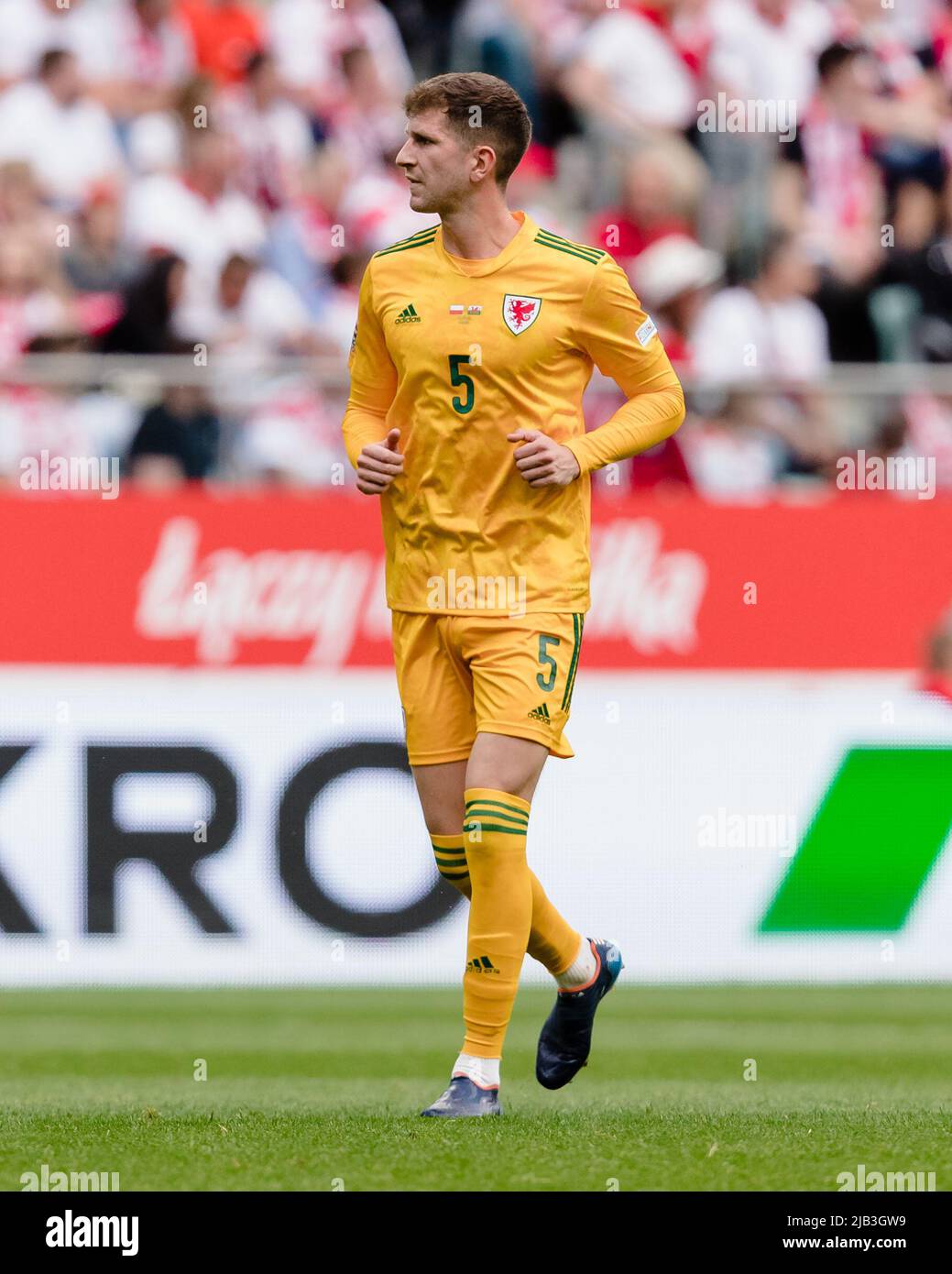 WROCŁAW, POLAND - 01 JUNE 2022: Wales' Chris Mepham during the League A ...