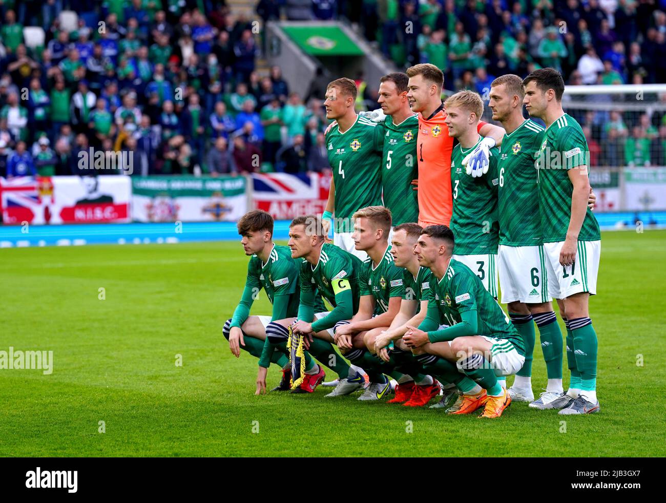 The Northern Ireland team line up on the pitch ahead of the UEFA ...