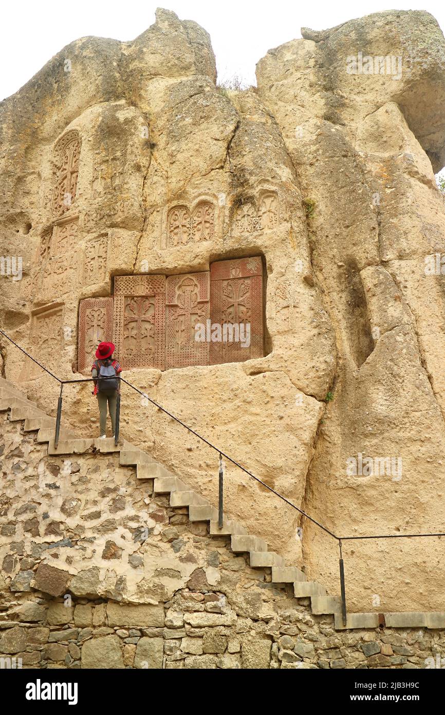 Visitor on the Staircase Impressed by Group of Khachkar or Armenian ...