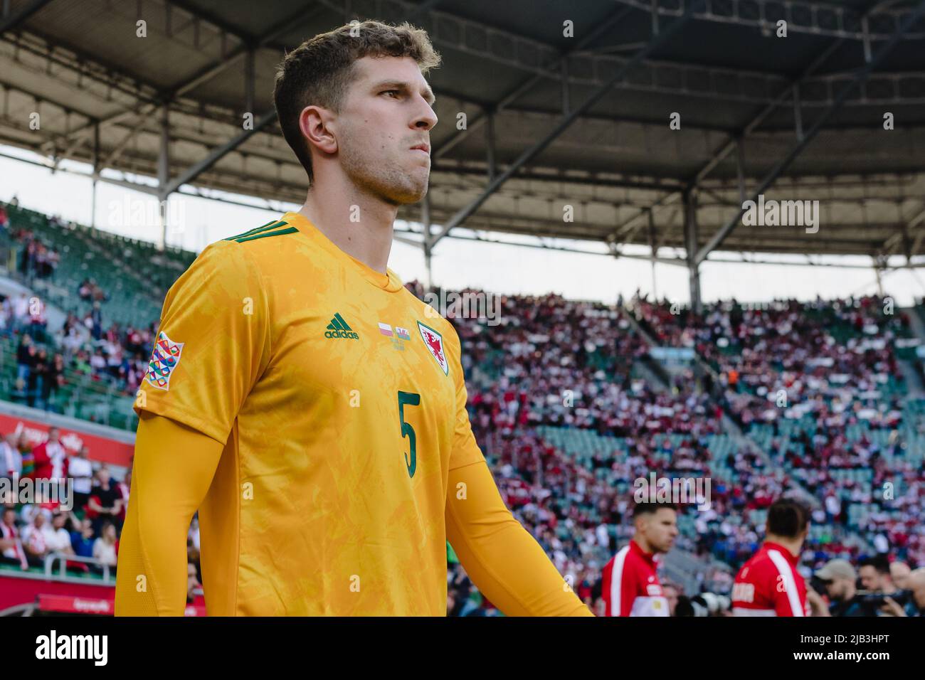 WROCŁAW, POLAND - 01 JUNE 2022: Wales' Chris Mepham during the League A ...