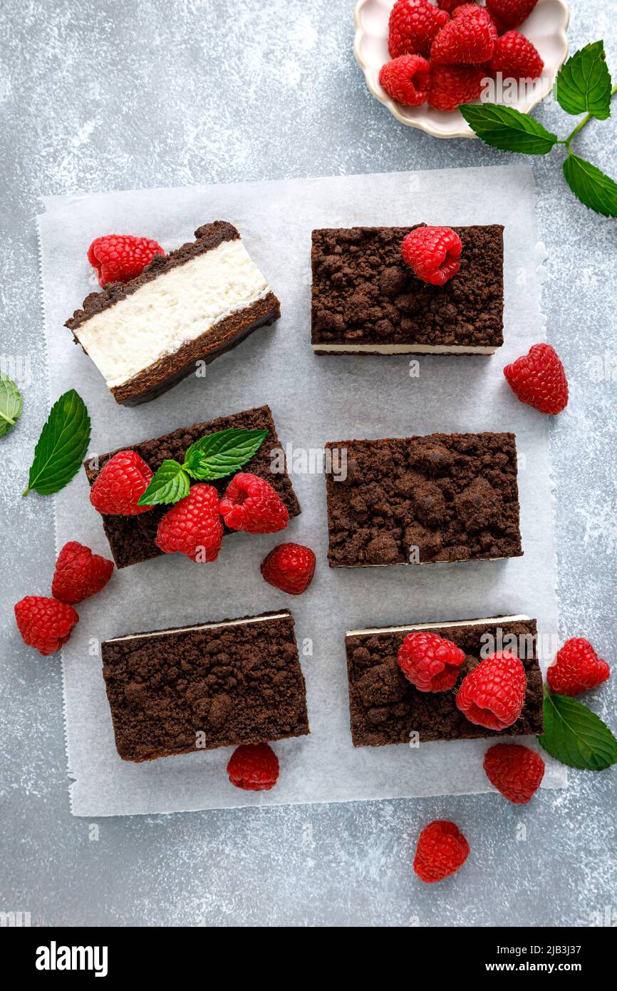 Chocolate cube cake, sliced brownie cheesecake with fresh raspberry ...