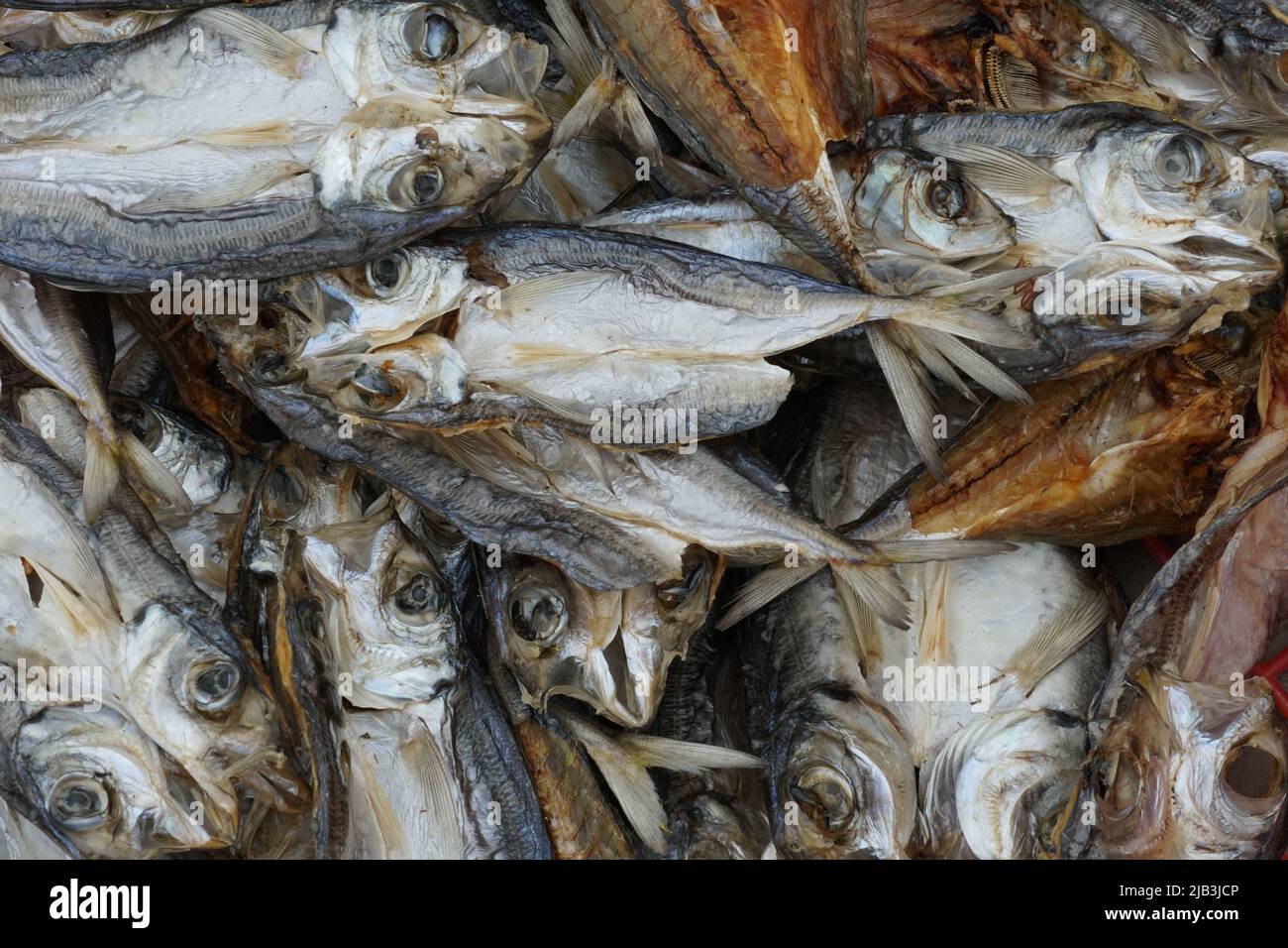 Close up view on dry fishes without offal piled in box. It is ...