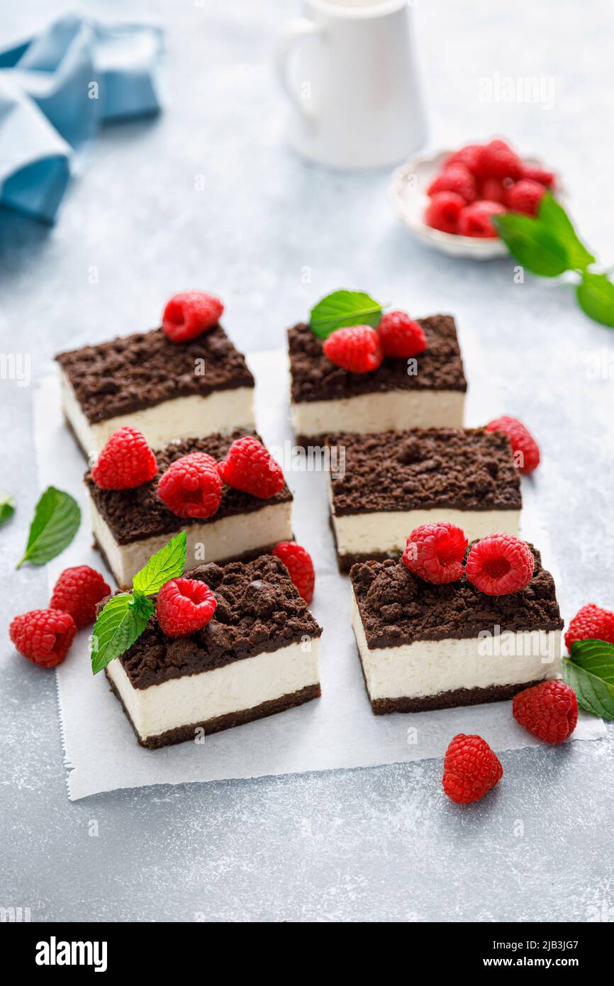 Chocolate cube cake, sliced brownie cheesecake with fresh raspberry ...