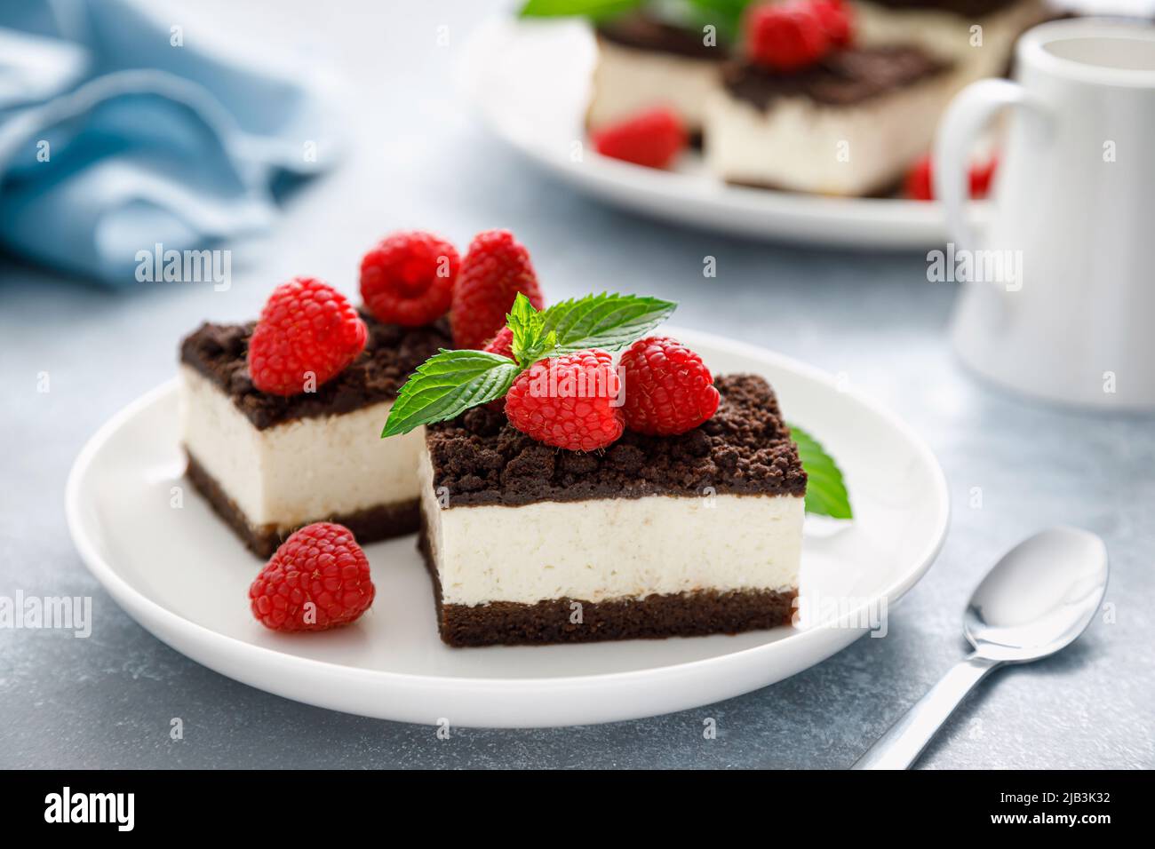 Chocolate cube cake, sliced brownie cheesecake with fresh raspberry ...