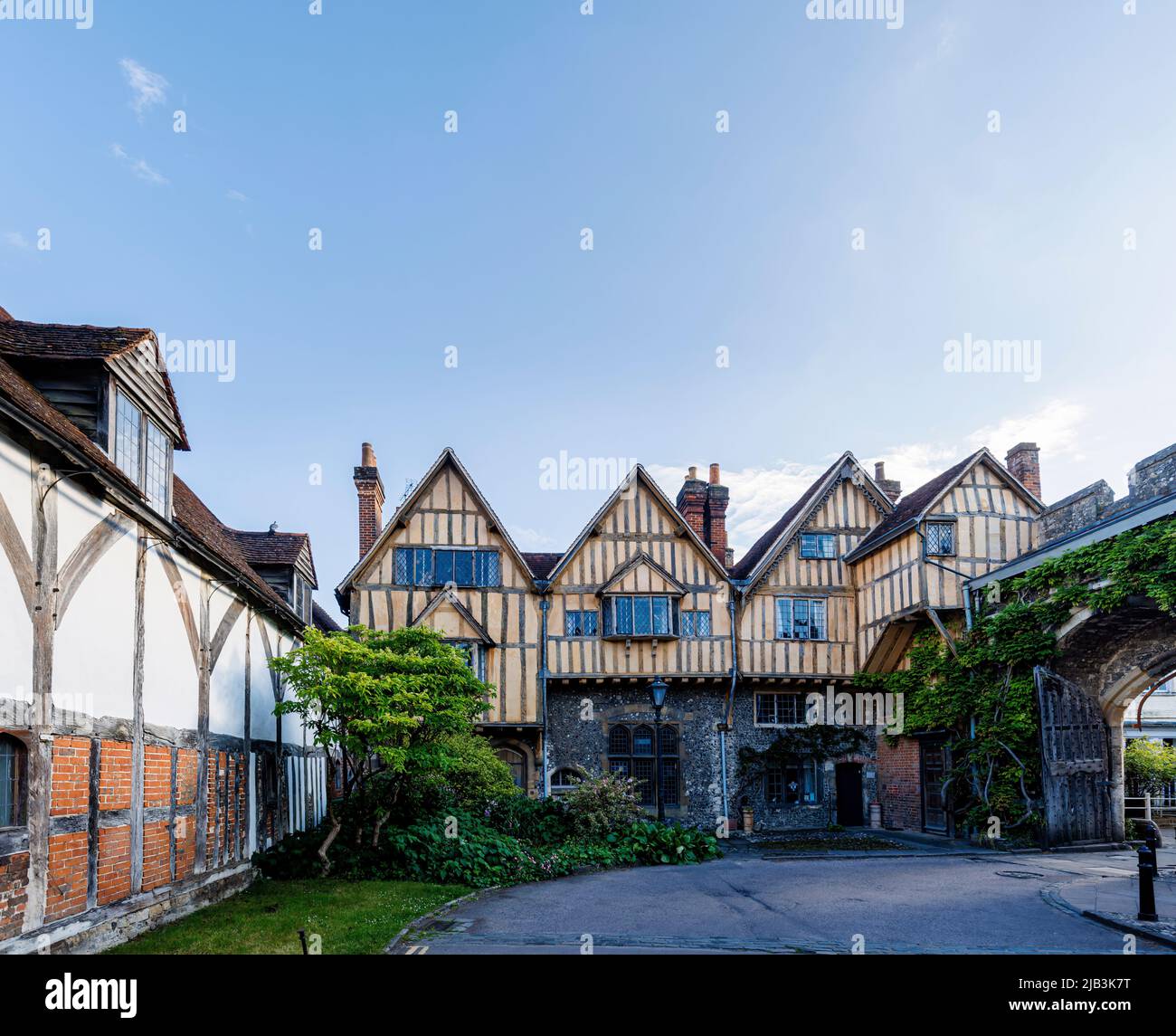 Timbered Cheyney Court houses in Dome Alley by Priory Gate in the Inner ...