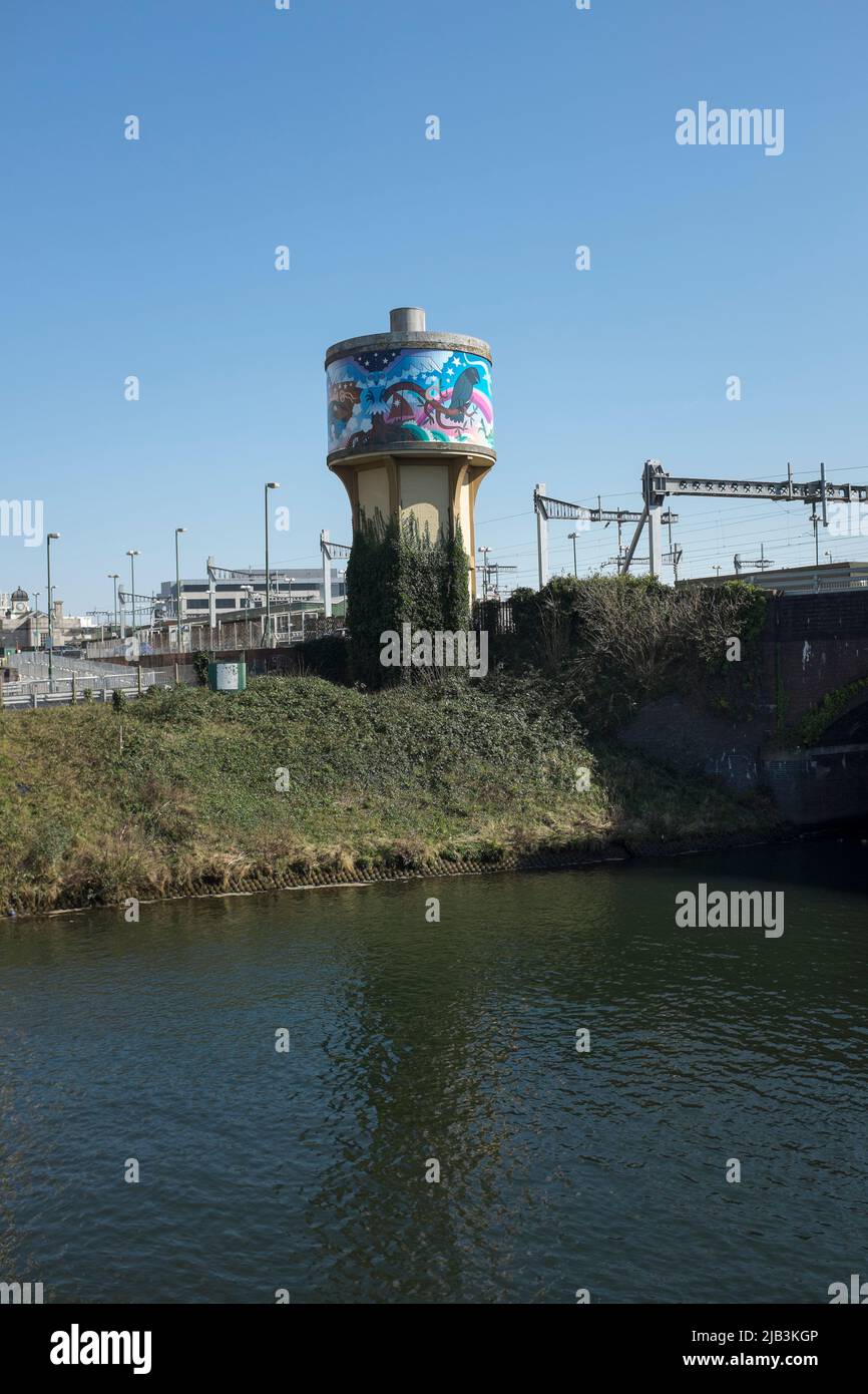 The old water tower alongside river Taff and Cardiff Central railway ...