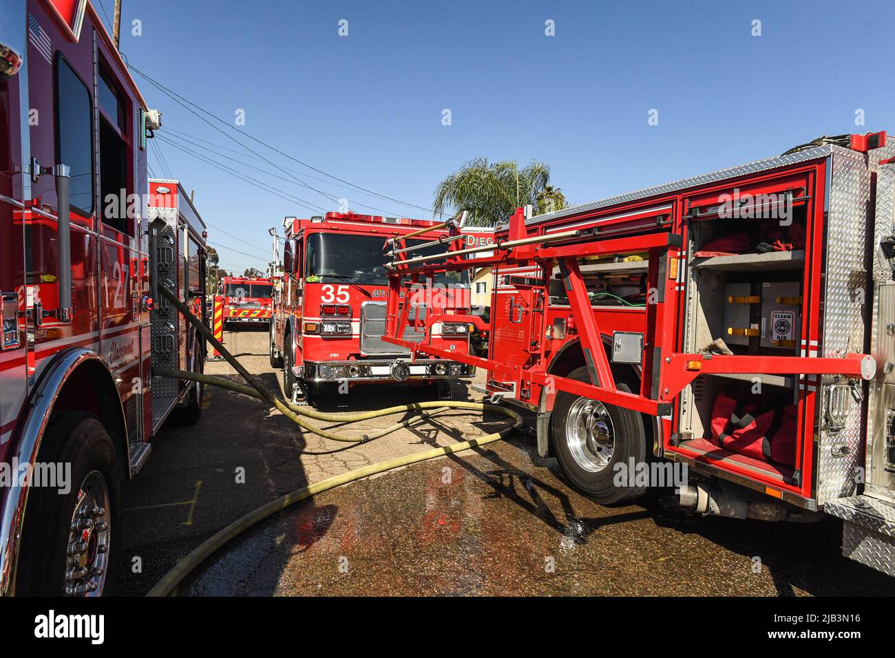San Diego Fire Rescue Truck 35 sandwiched between fire apparatus Stock ...