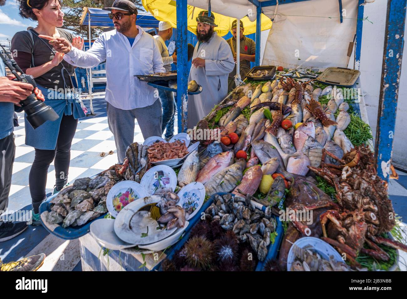 outdoor fish of the day restaurant, fishing port, Essaouira, morocco ...