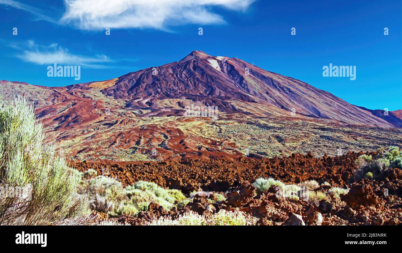 Beautiful scenic spanish canarian hiking landscape, green shrubs, lava ...
