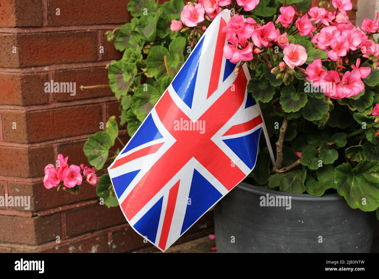 Union jack in a flower pot for jubilee weekend (Sidmouth, Devon, UK ...