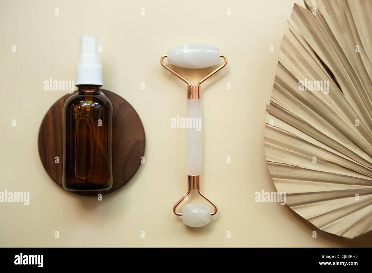 Photography from above of facial roller,oil dropper and palm leaf.Eco ...