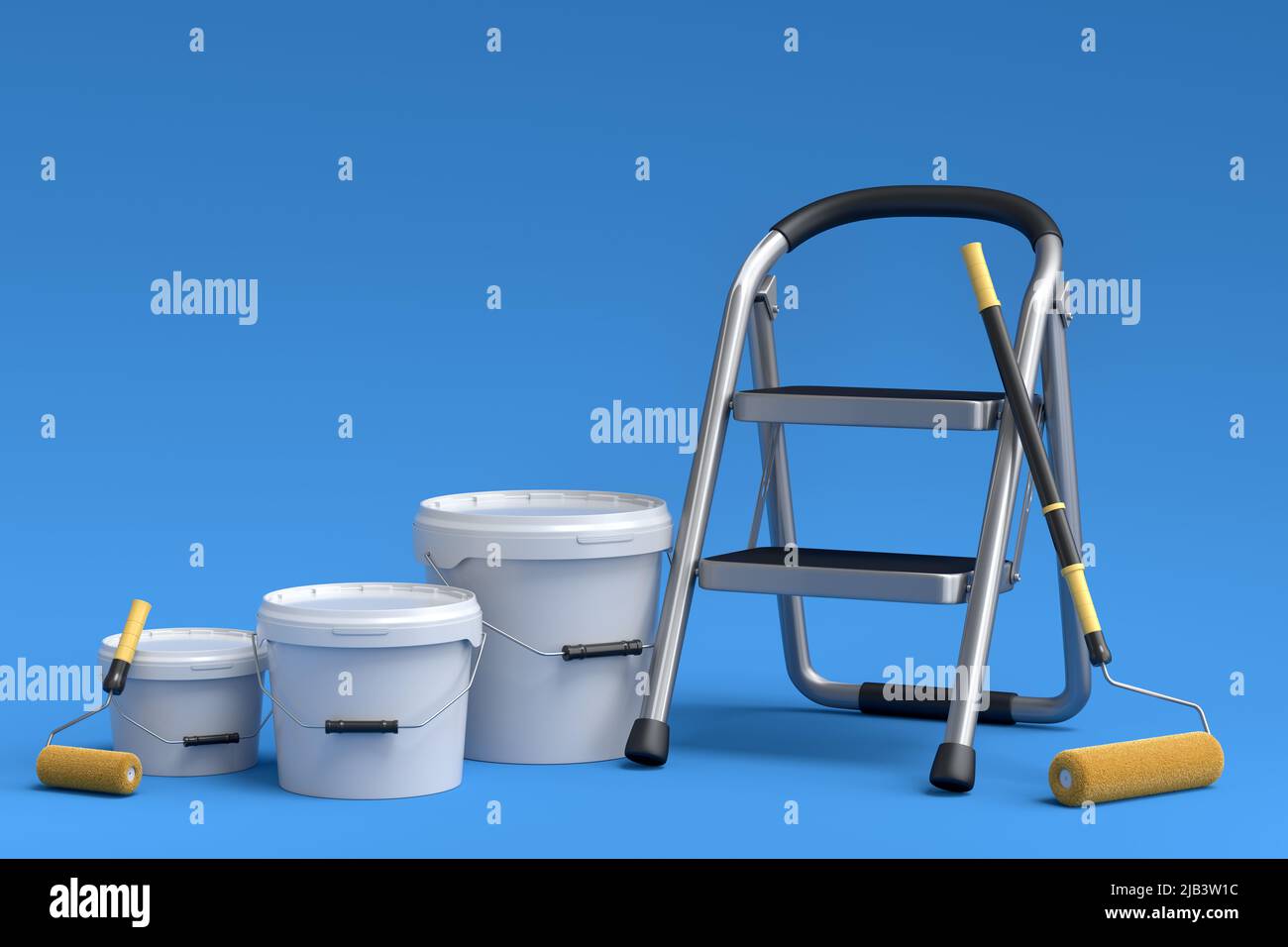 Set of metal cans or buckets with paint roller and folding ladder for ...