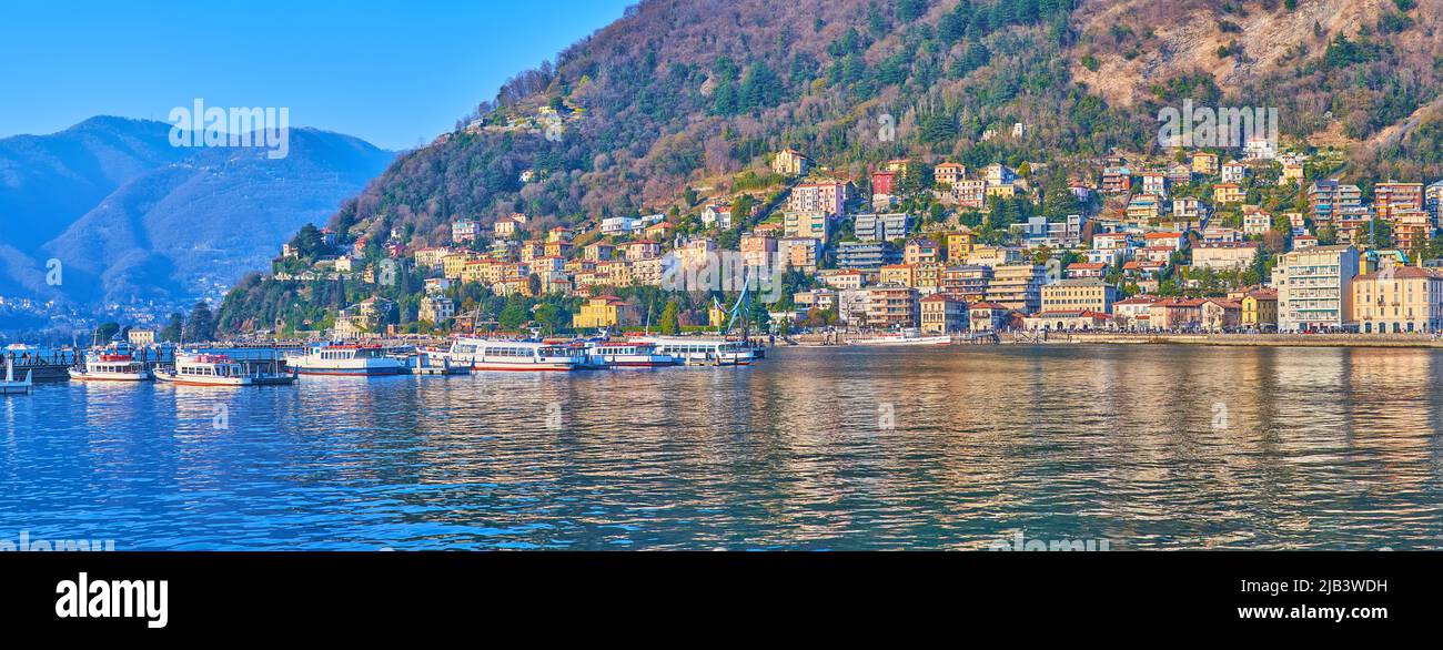 Panorama of Lake Como with port, shipyards, embankment, living city ...