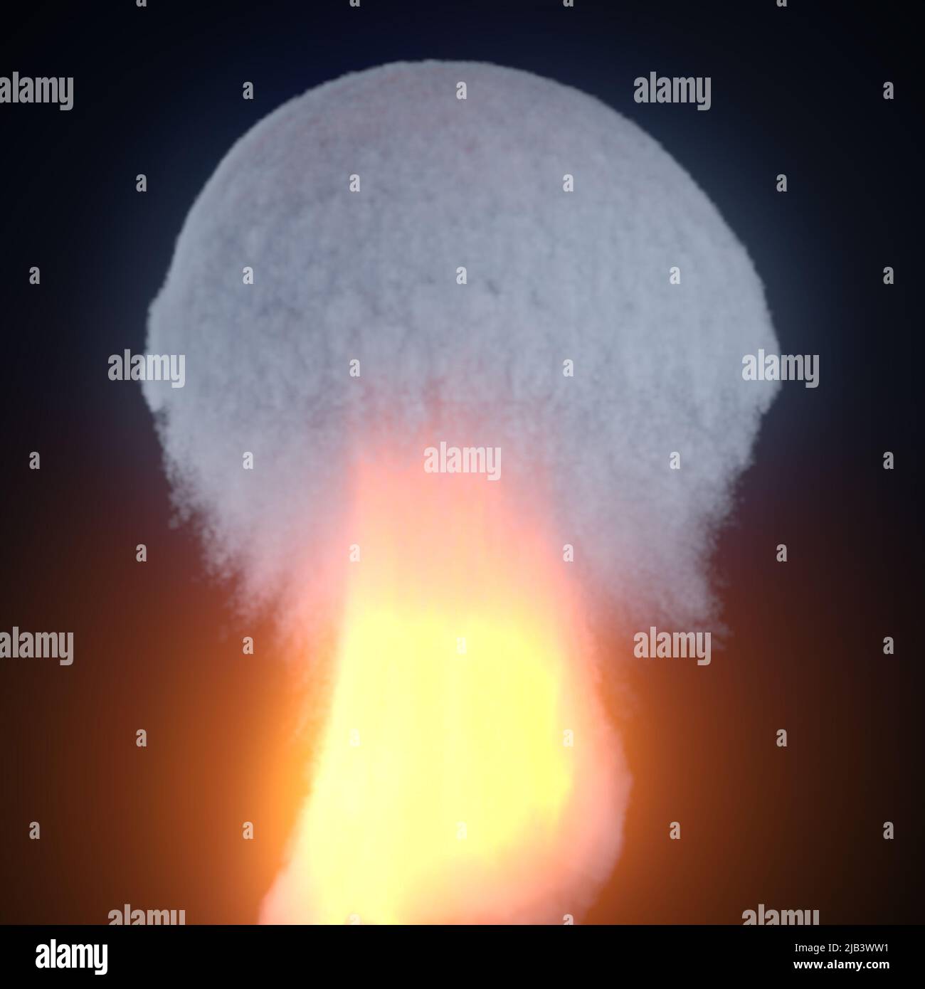 Fiery explosion with smoke cap on a dark background. Blurred image. 3d ...