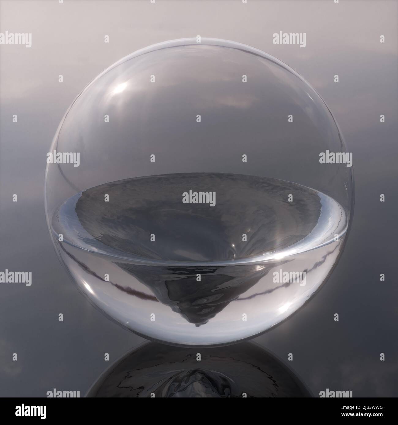 A transparent glass sphere with swirling whirlpool inside it. 3d ...