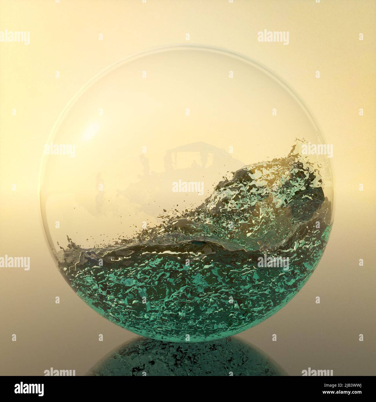 A transparent bubble with turquoise splashing water inside it. Small ...